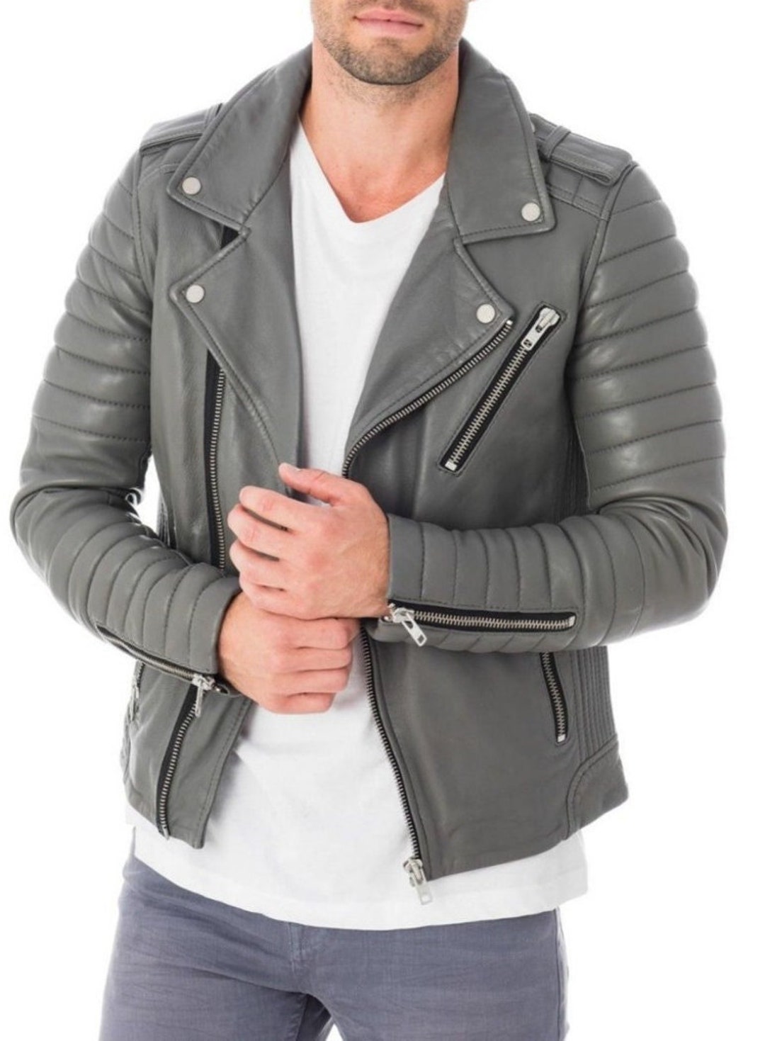 Noor Mens Leather Jacket GRAY Real Leather Biker Jacket Gray Stylish ...