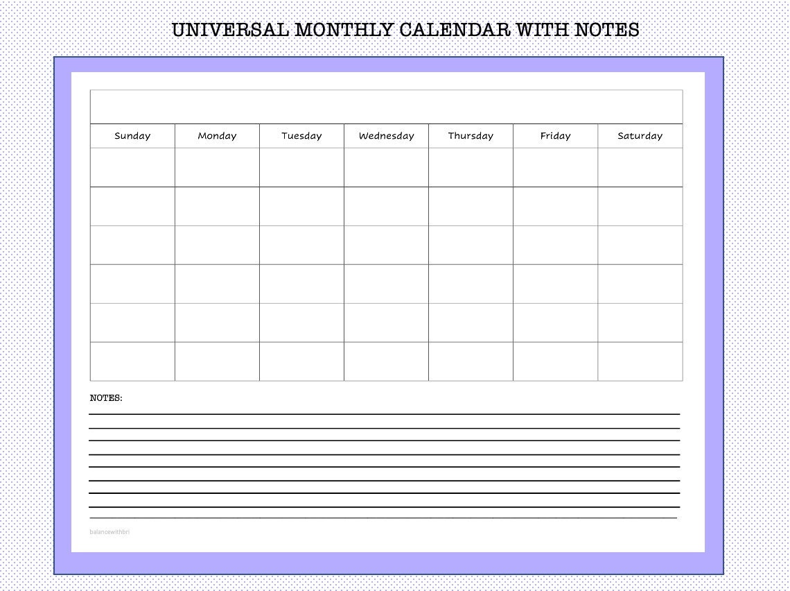 Universal Monthly Calendar With Notes - Etsy