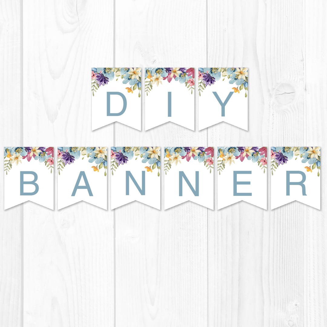 Editable Printable Bunting Banner Template Blue Wildflower Party Flag ...