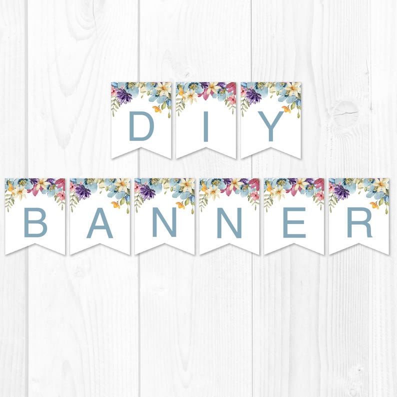 Editable Printable Bunting Banner Template Blue Wildflower Party Flag ...