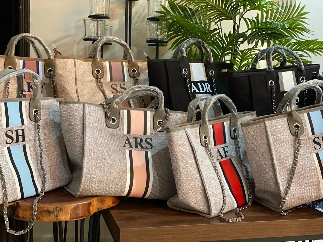 Personalised Monogram Initial / Name Stripe Canvas Chain Tote Handbags ...