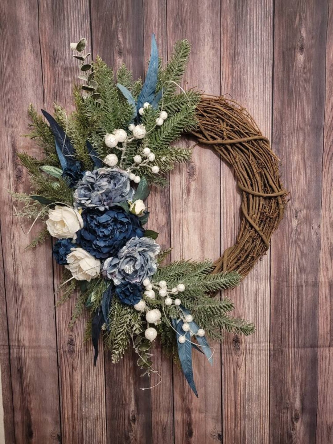 Christmas Wreath for Front Door, Blue and White Poeny Rose Frosted ...