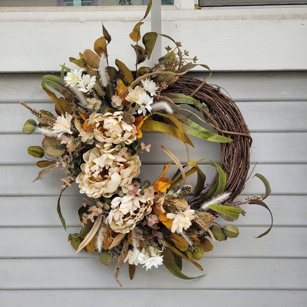Fall Wreath/beige Mums Sunflowers and Eucalyptus Autumn Wreath/front ...