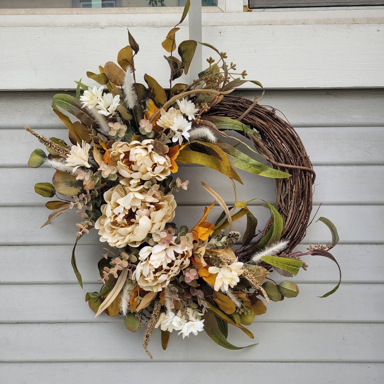 Fall Wreath/beige Mums Sunflowers and Eucalyptus Autumn Wreath/front ...