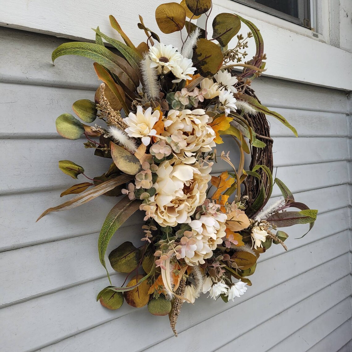 Fall Wreath/beige Mums Sunflowers and Eucalyptus Autumn - Etsy
