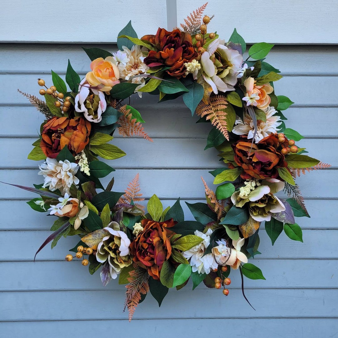 Fall Wreath/burnt Orange Beige Peony Mums Fern Front Door Wreath ...