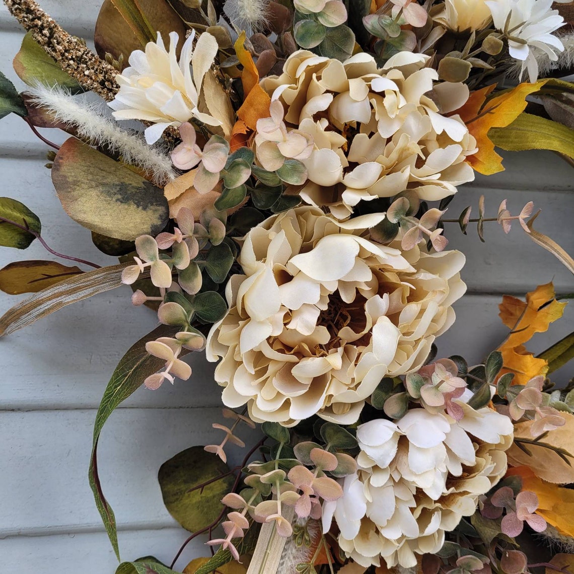 Fall Wreath/beige Mums Sunflowers and Eucalyptus Autumn - Etsy