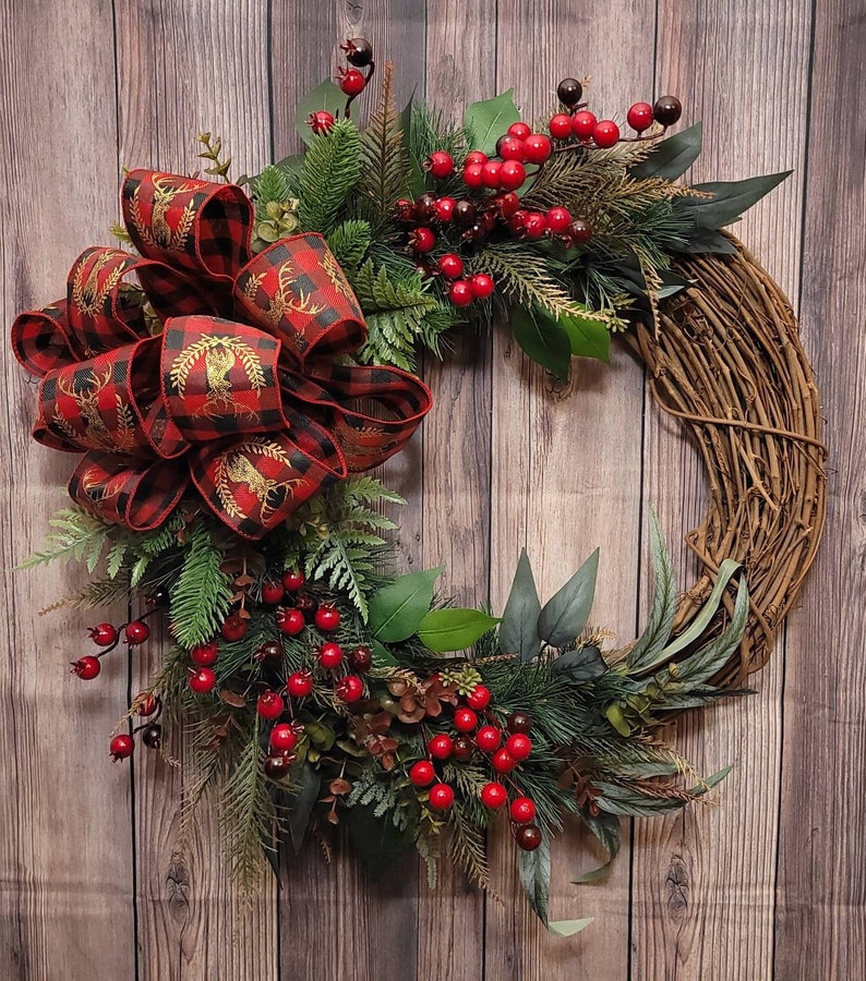 Christmas Red & Black Wreath, Buffalo Check Bow With Gold Deer Stag ...