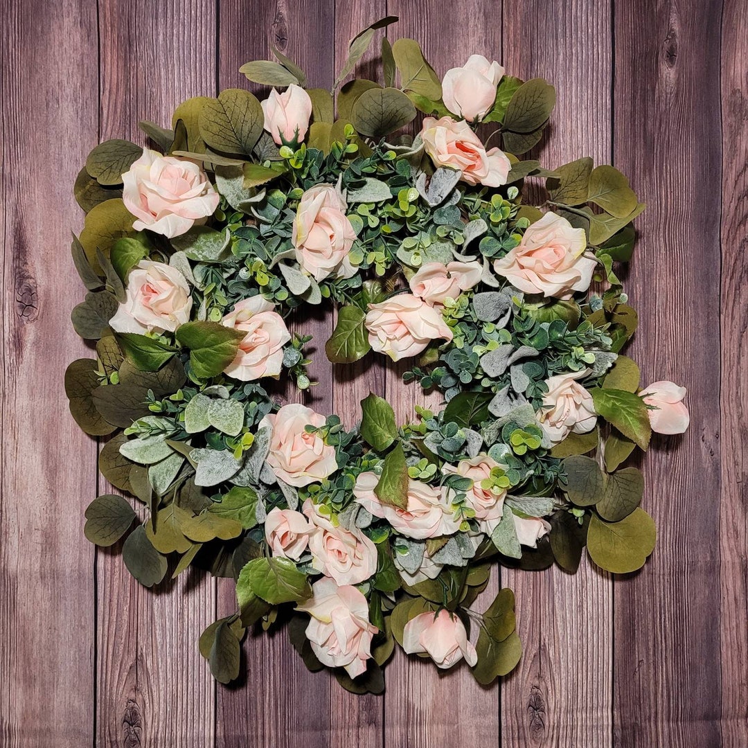Spring Wreath, Pink White Roses Year Round Wreath With Eucalyptus Lamb ...