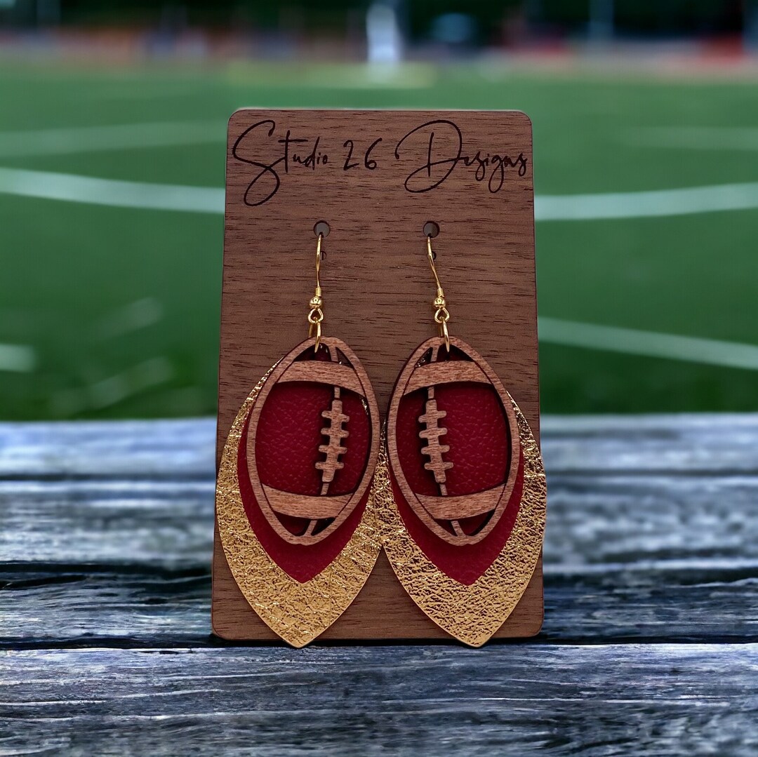 Game Day Red and Gold Layered Football Earrings | Genuine Leather ...
