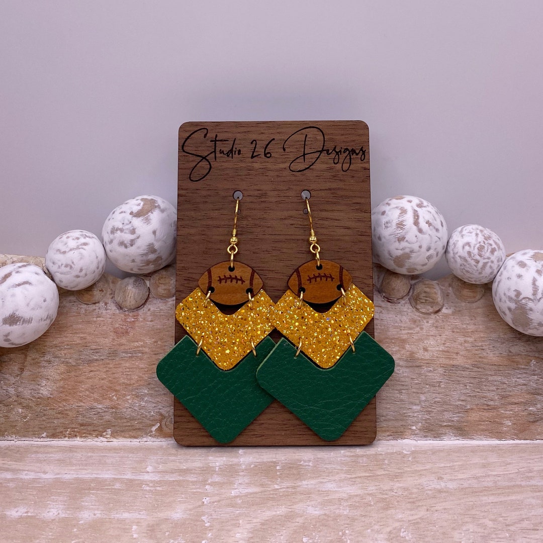 Game Day Green and Yellow Leather Football Earrings | Team Spirit ...