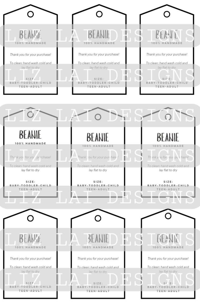 Printable Labels for Handmade Beanie Hats - Digital Download Only - Etsy