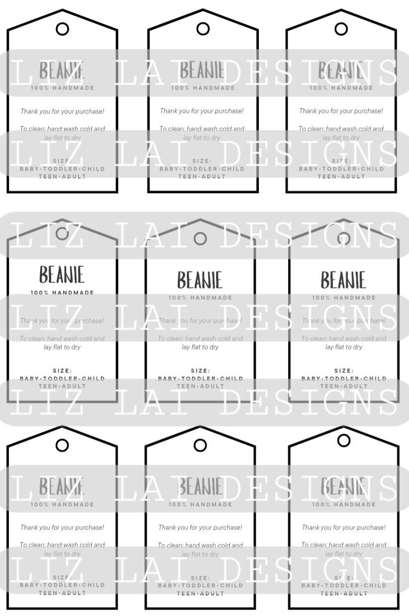 Printable Labels for Handmade Beanie Hats - Digital Download Only - Etsy