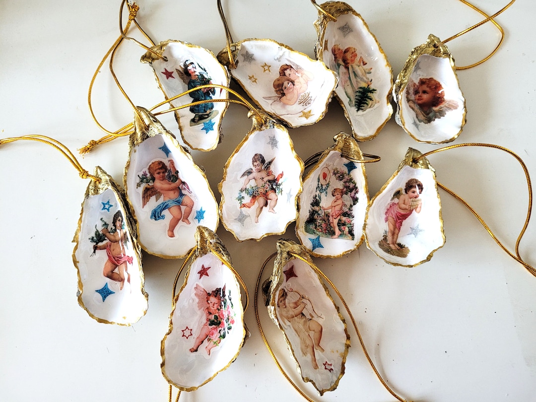 Decorated Oyster Shells, Christmas Decoration, Hanging Shell, Cherub ...