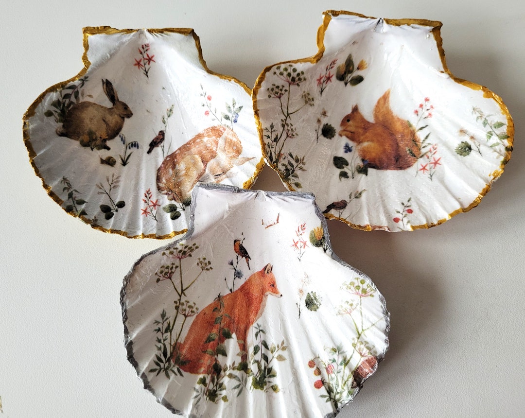 Decorated Scallop Shell, Forest Animals, Fox, Squirrel, Fawn, Hare ...