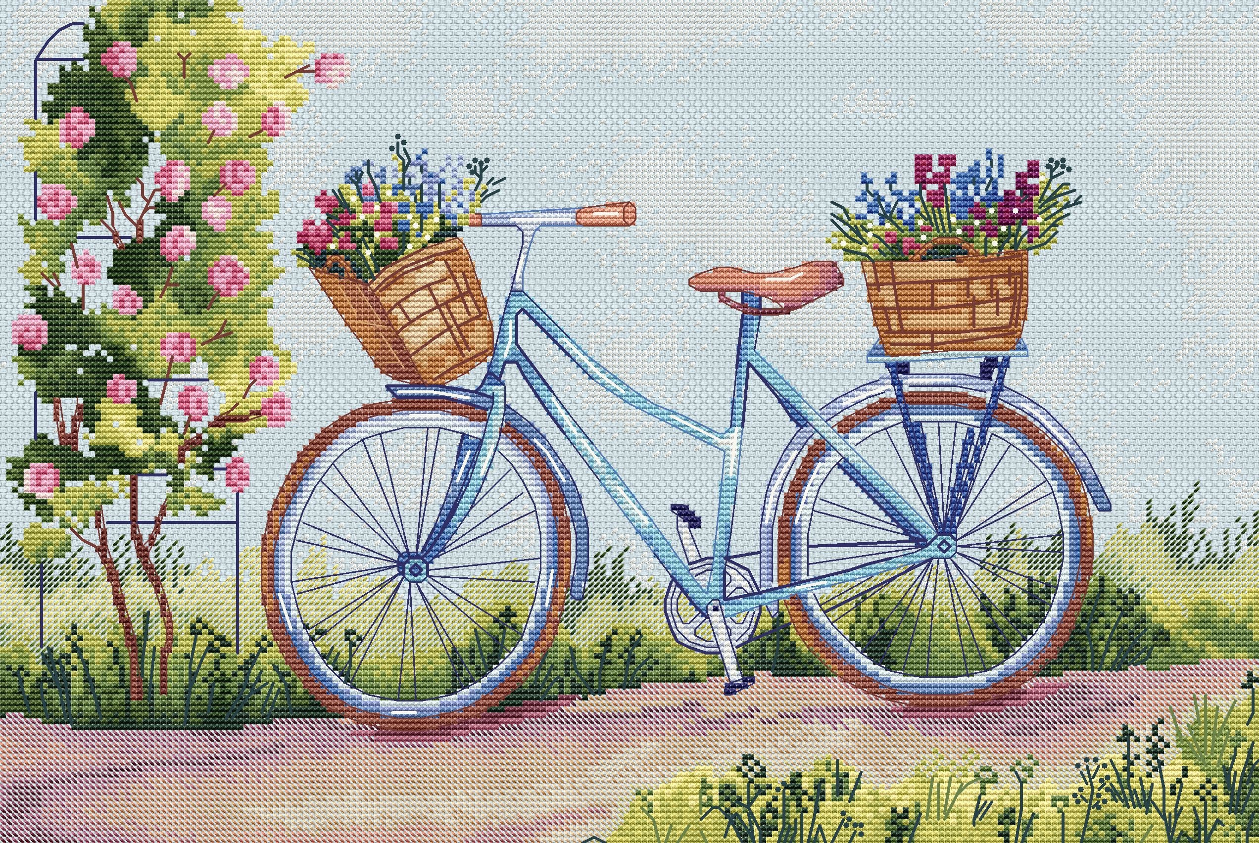 Bicycle Cross Stitch Pattern, Flower Cross Stitch, Summer Bike Cross ...