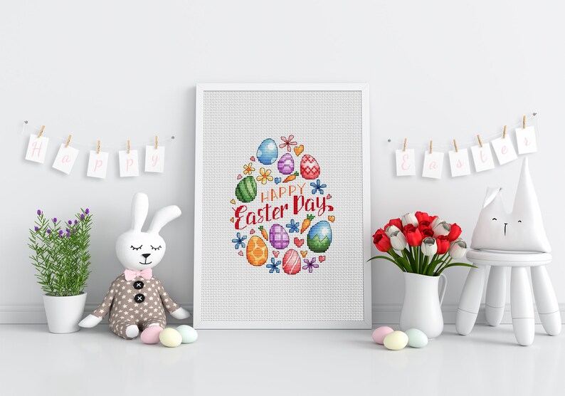 Happy Easter Cross Stitch Pattern PDF Easter Flowers Eggs - Etsy