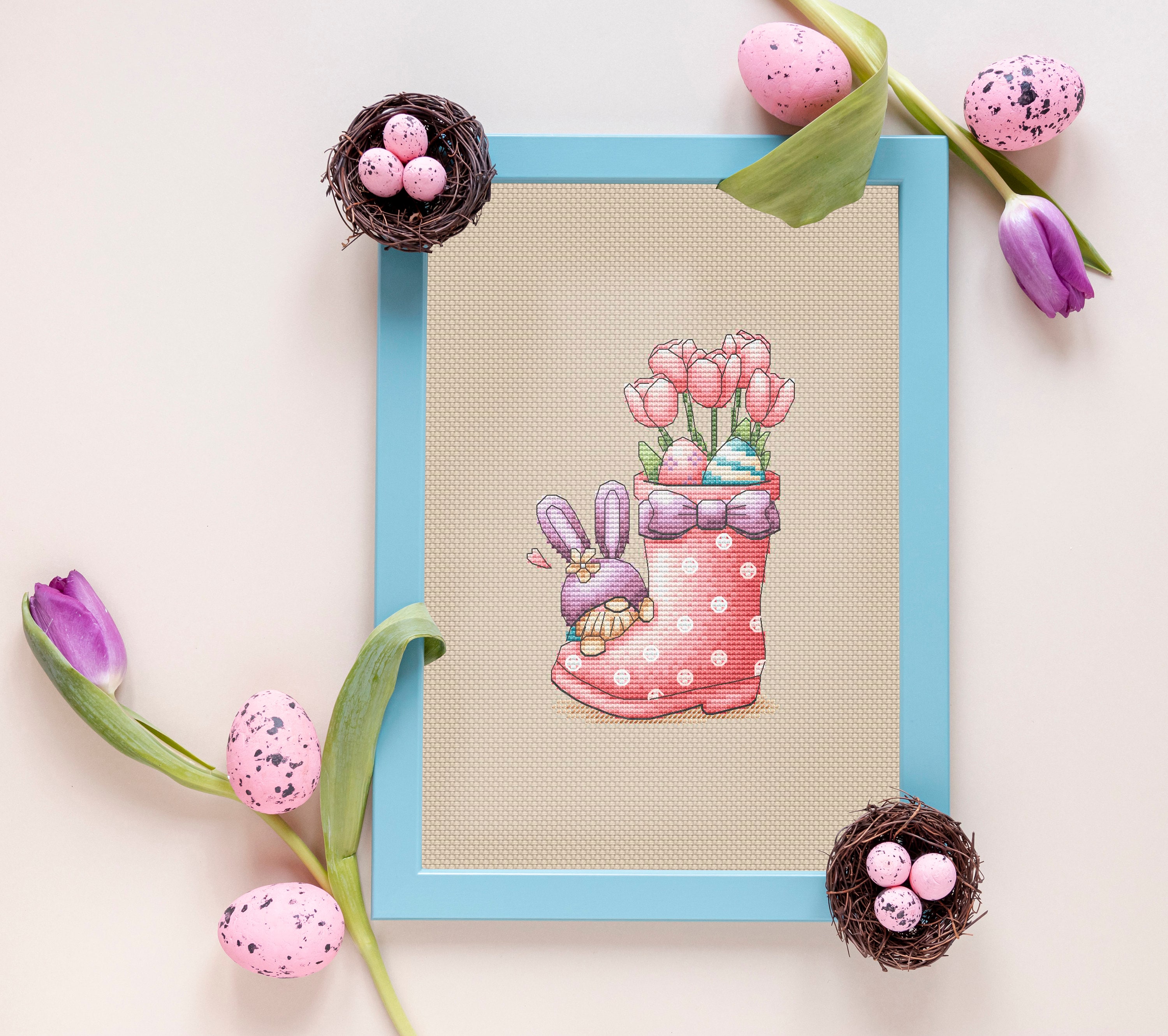 Happy Easter Cross Stitch Pattern PDF, Easter Flowers Cross Stitch ...