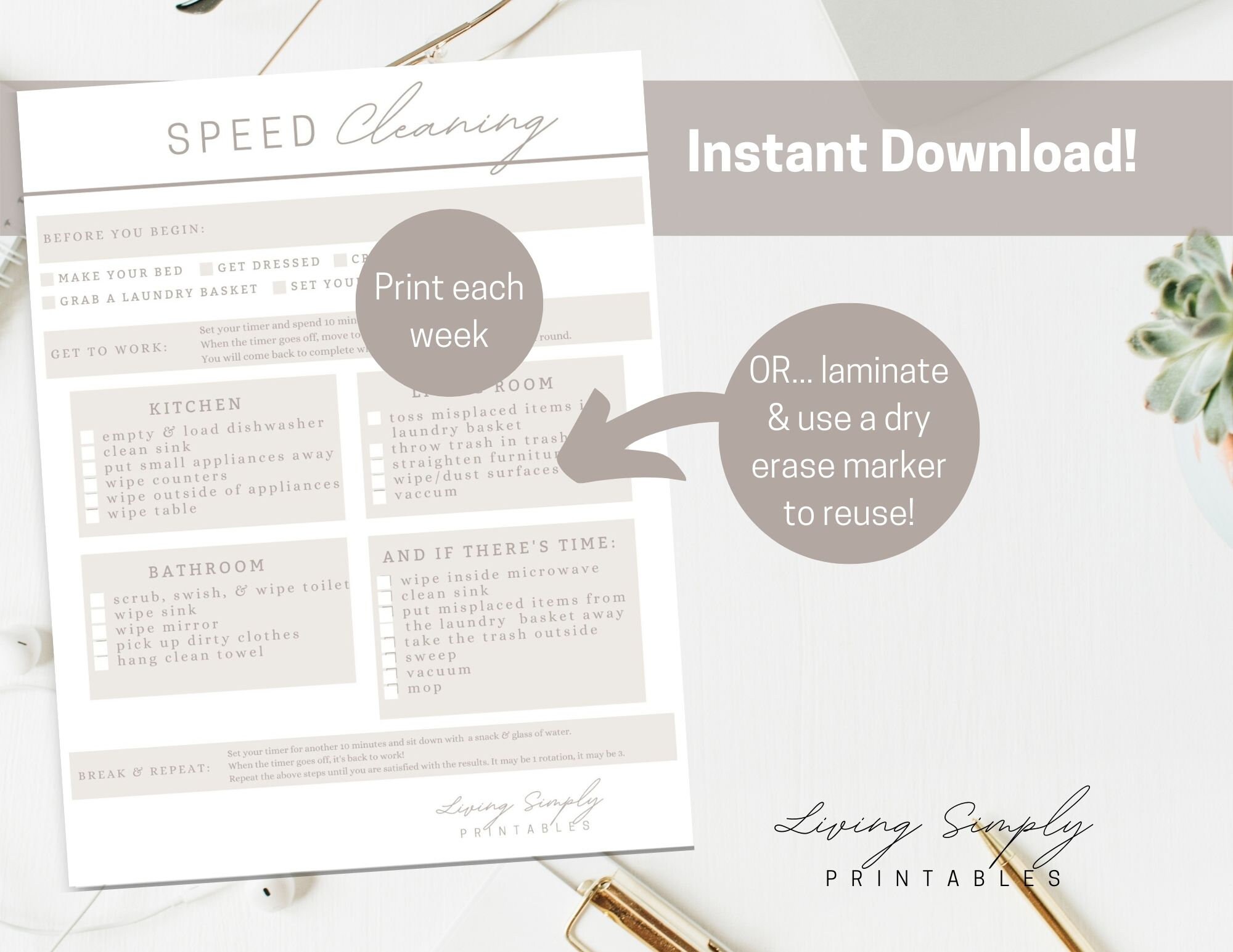 Speed Cleaning Checklist PDF Neutral Printable Cleaning - Etsy