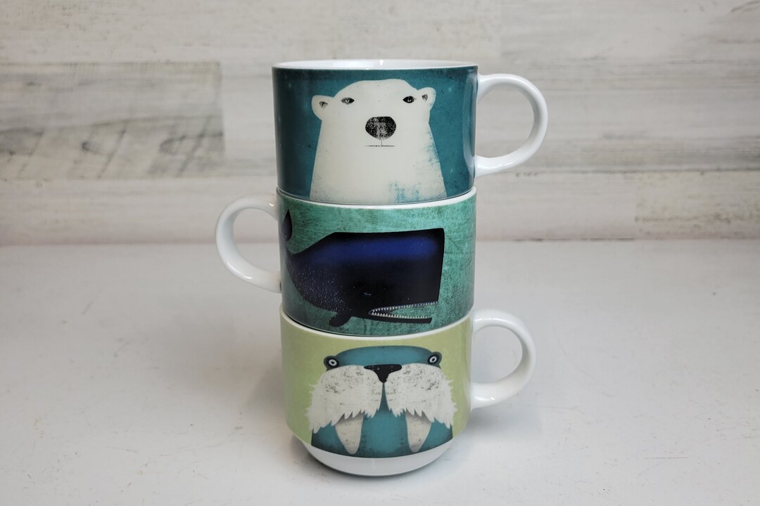 Pier 1 Imports Stackable Mugs,set of 3,ceramic Artic Animal Mugs, Whale ...