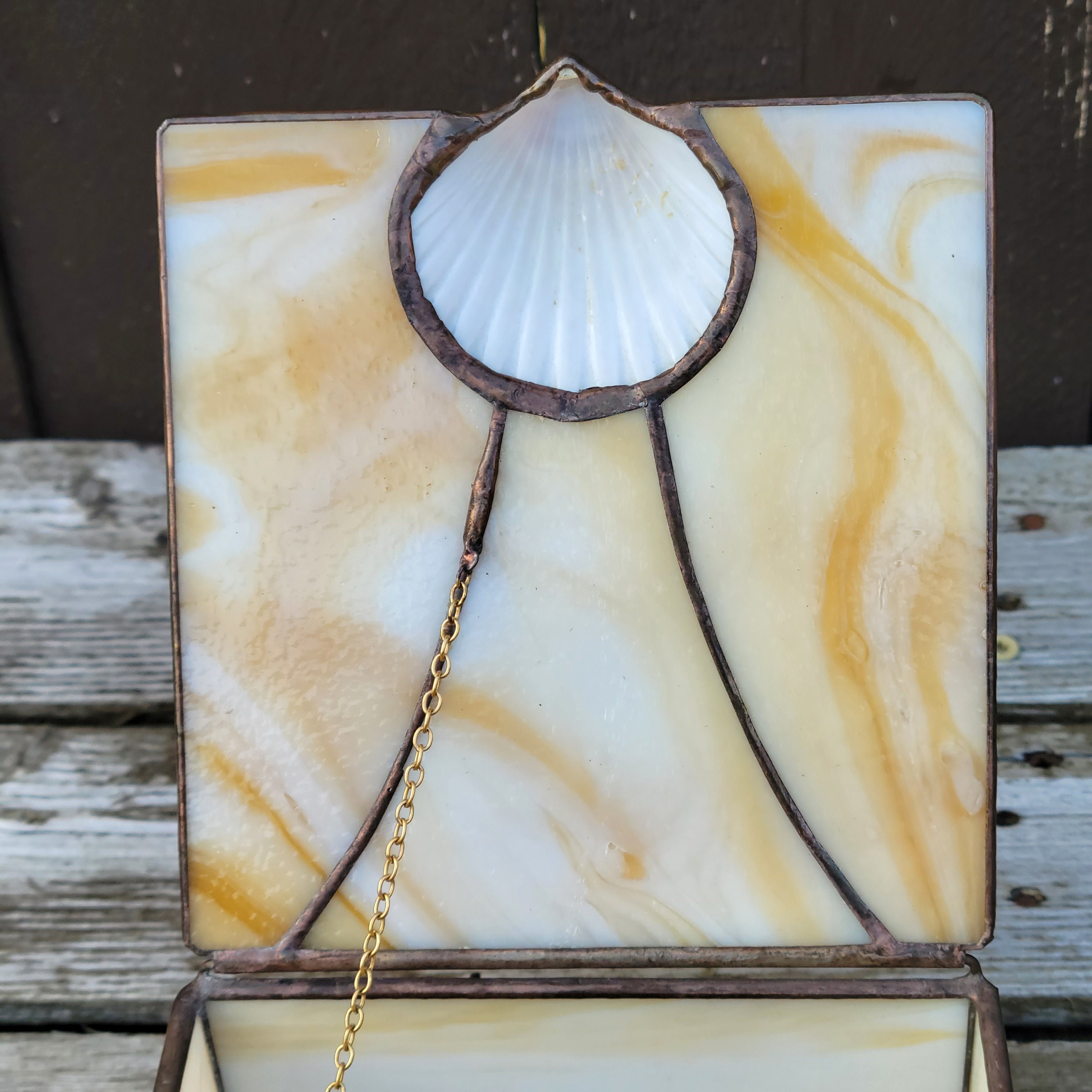 Stained Slag Glass Trinket Box With Natural Seashell Beach - Etsy