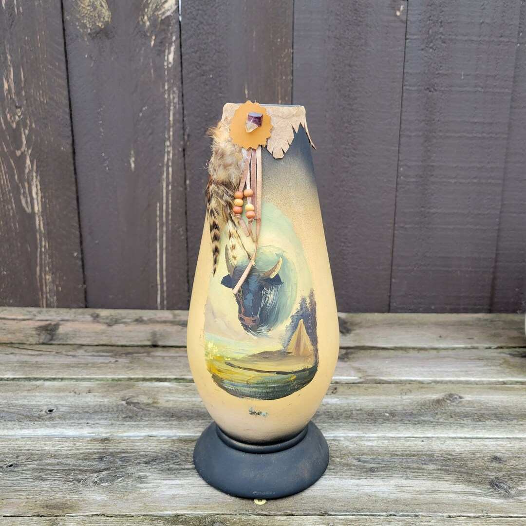 Handpainted Buffalo Art Pottery Vase: Southwest Folk Art With Leather ...