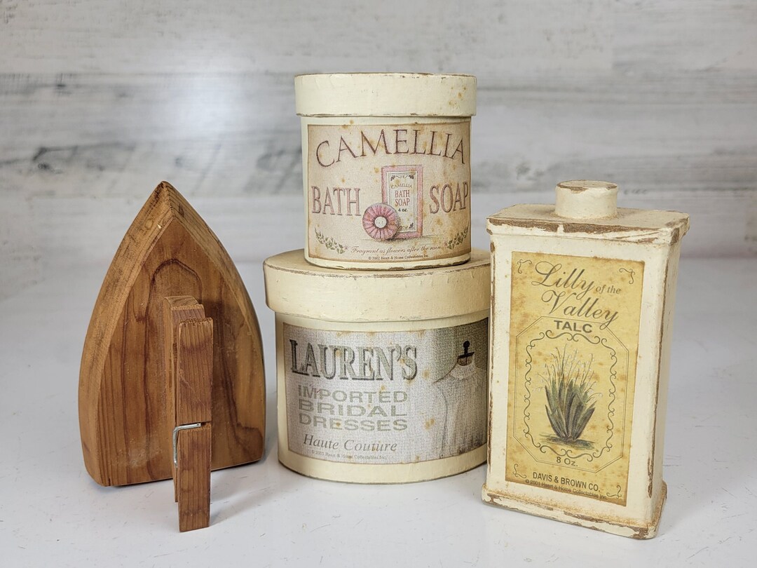 Antique Inspired Faux Advertisement Containers and Wooden Iron ...