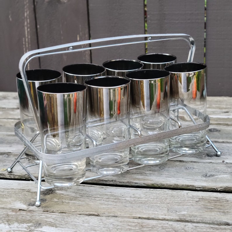 Vintage Vitreon Queen's Lustreware Highball Glasses With Silver Caddy ...