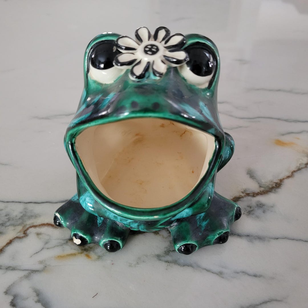 Vintage Drip Glaze Frog Sponge Holder, MCM Daisy Kitchen Decor Planter ...