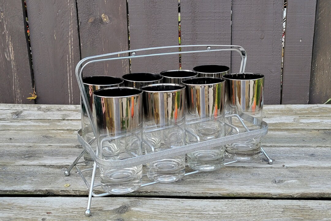 Vintage Vitreon Queen's Lustreware Highball Glasses With Silver Caddy ...