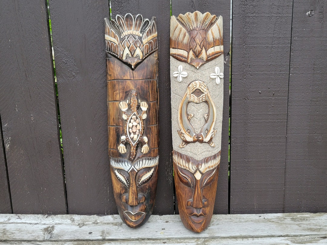 Handcarved Wooden Tribal Masks, Hanging Wall Decor, Primitive Face and ...