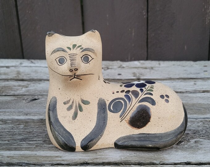 Vintage Tonala Pottery Reclining Cat Figurine, Handpainted Clay Folk ...