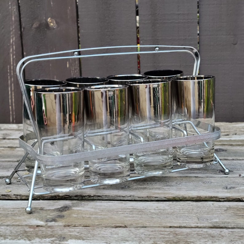 Vintage Vitreon Queen's Lustreware Highball Glasses With Silver Caddy ...