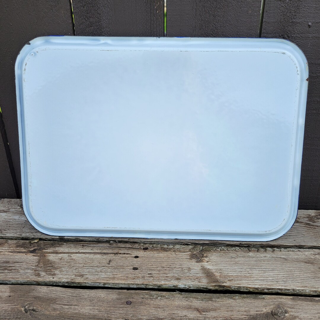 Vintage Enamelware Serving Tray, White and Blue Shallow Pan, Kitchen ...