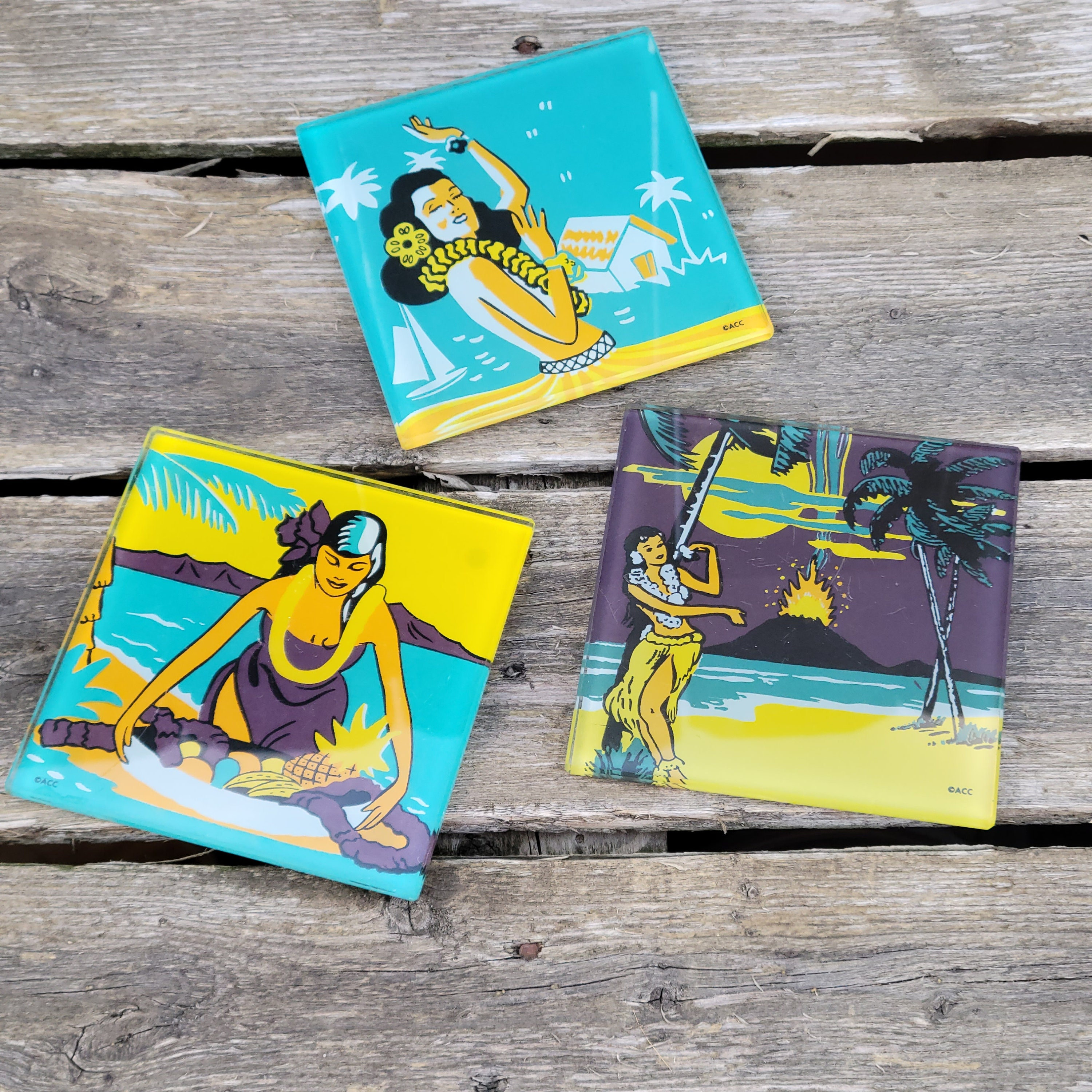 ACC Vintage Inspired Hawaiian Coasters, Set of 3 Glass Coasters, Luau ...