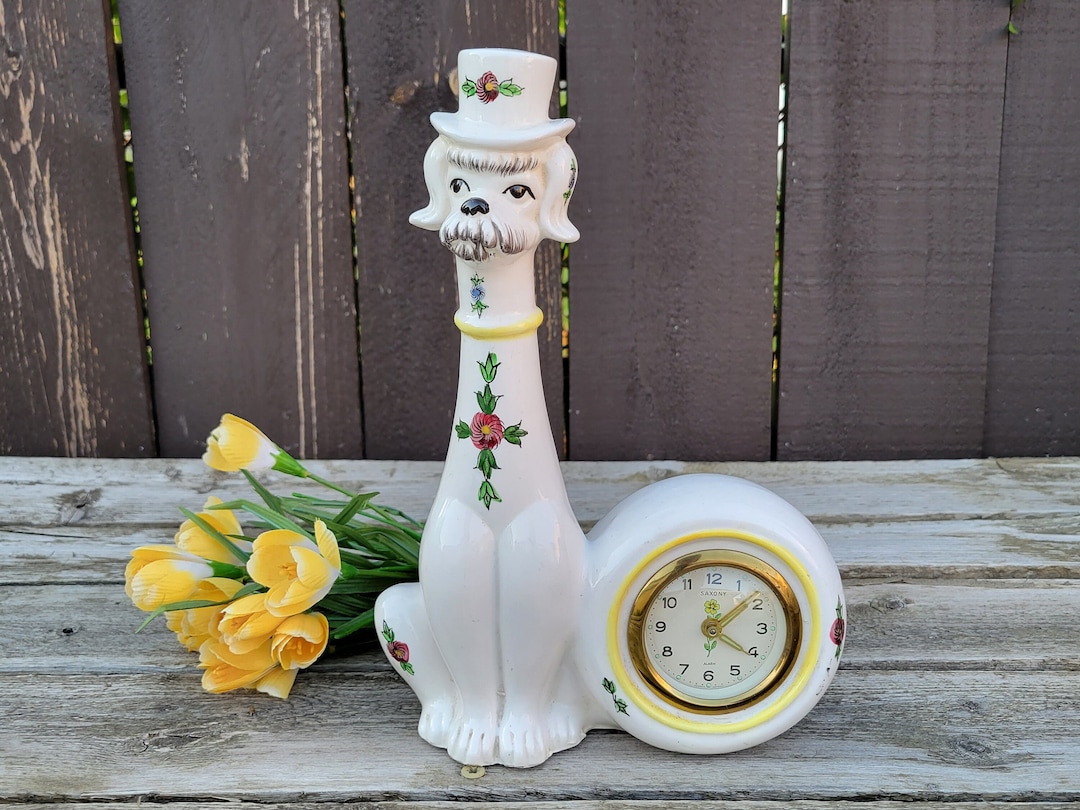 Vintage Ceramic Poodle in Tophat Clock, Saxony Wind up Alarm Clock ...