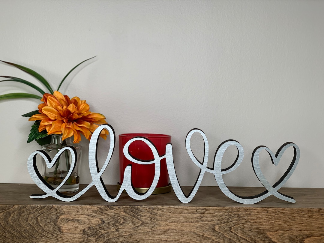 Love With Hearts Freestanding Wood Sign, Shelf Decor, Bridal Decor ...