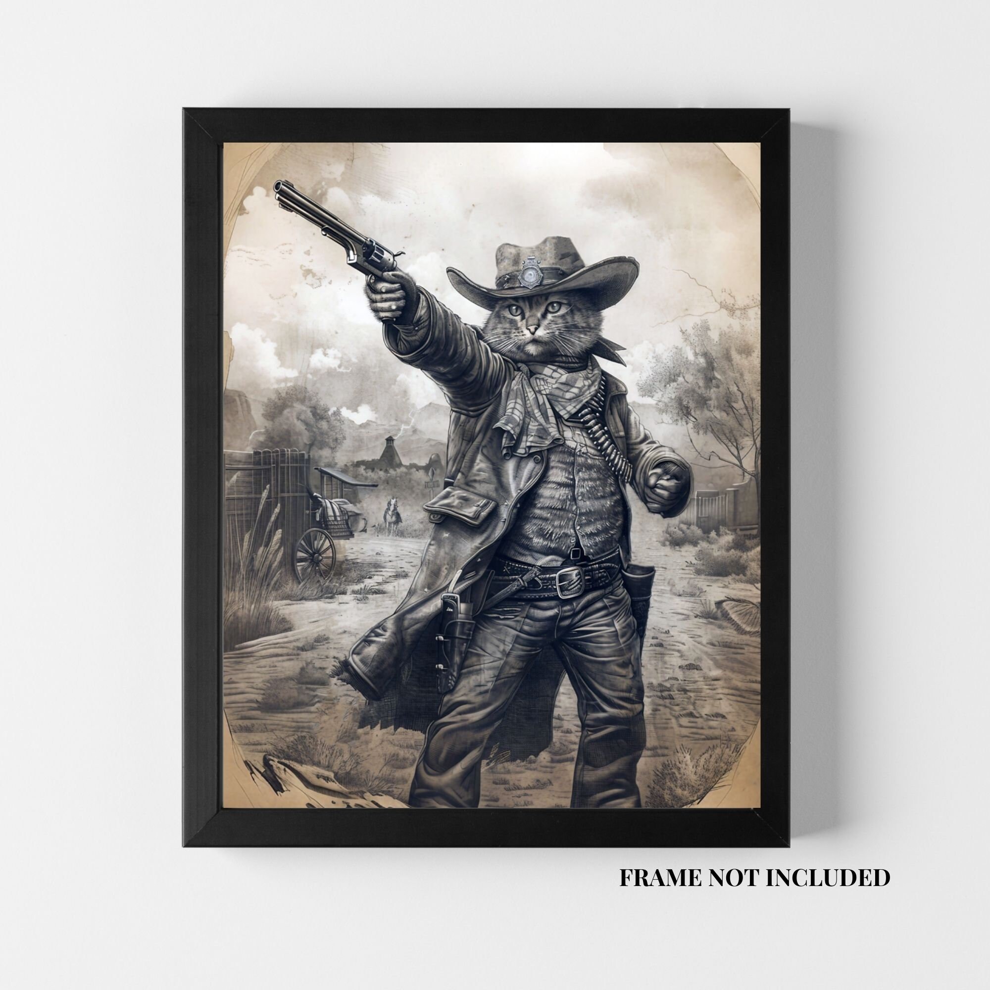 Vintage Western Black Ink Cowboy Cat Print, Art Print Vintage Western ...