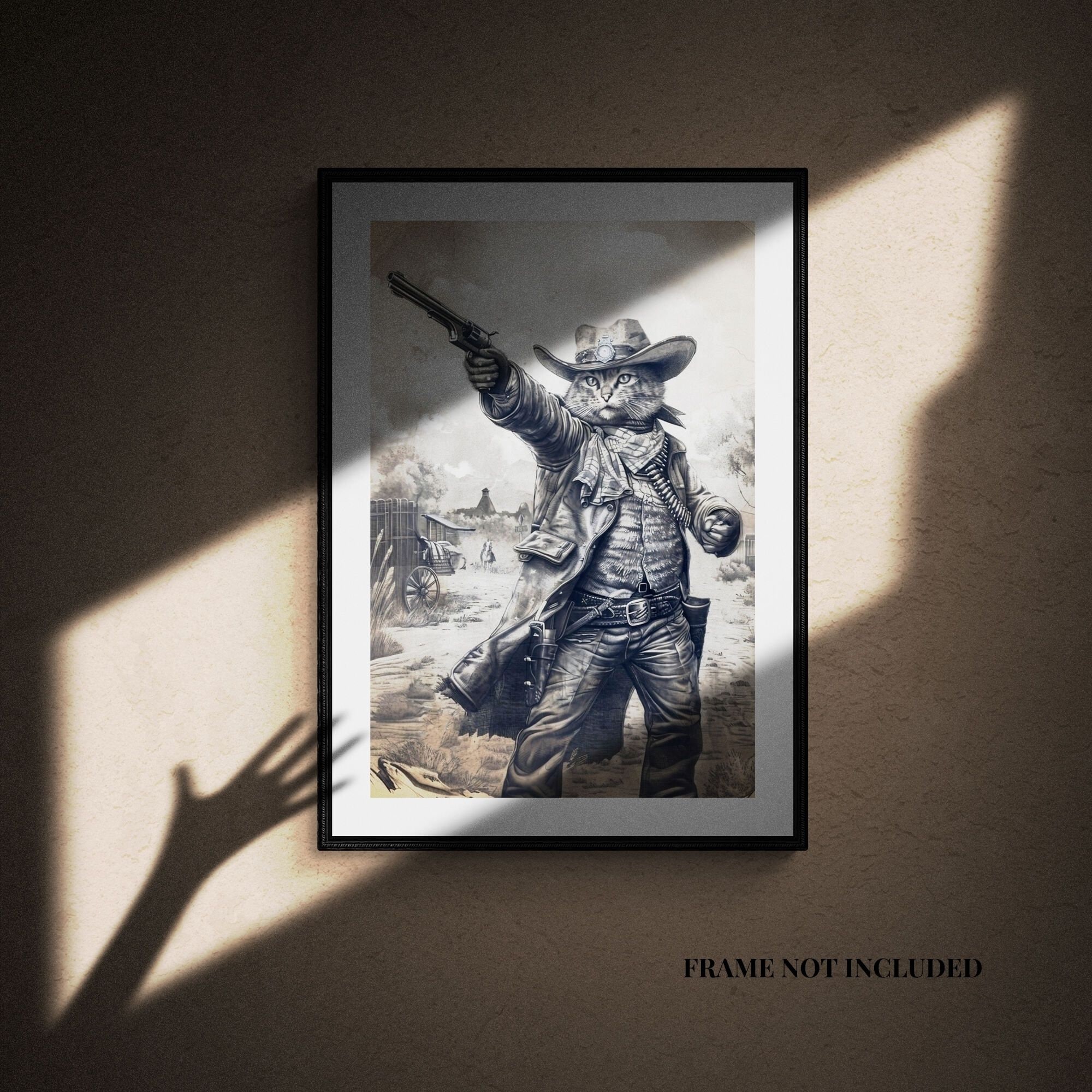Vintage Western Black Ink Cowboy Cat Print, Art Print Vintage Western ...
