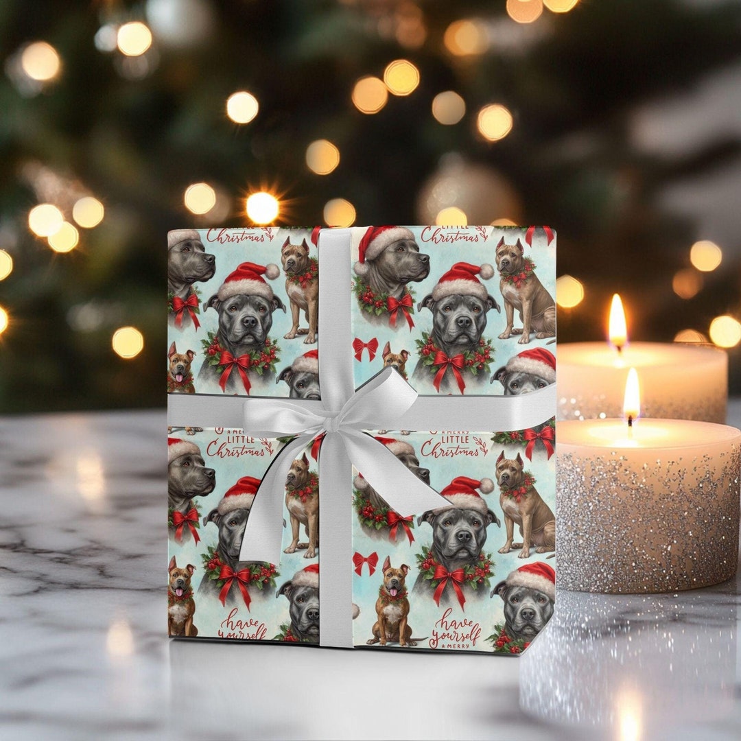 Christmas Dog Wrapping Paper Roll Pit Bull Gift Wrap Holiday Dog ...