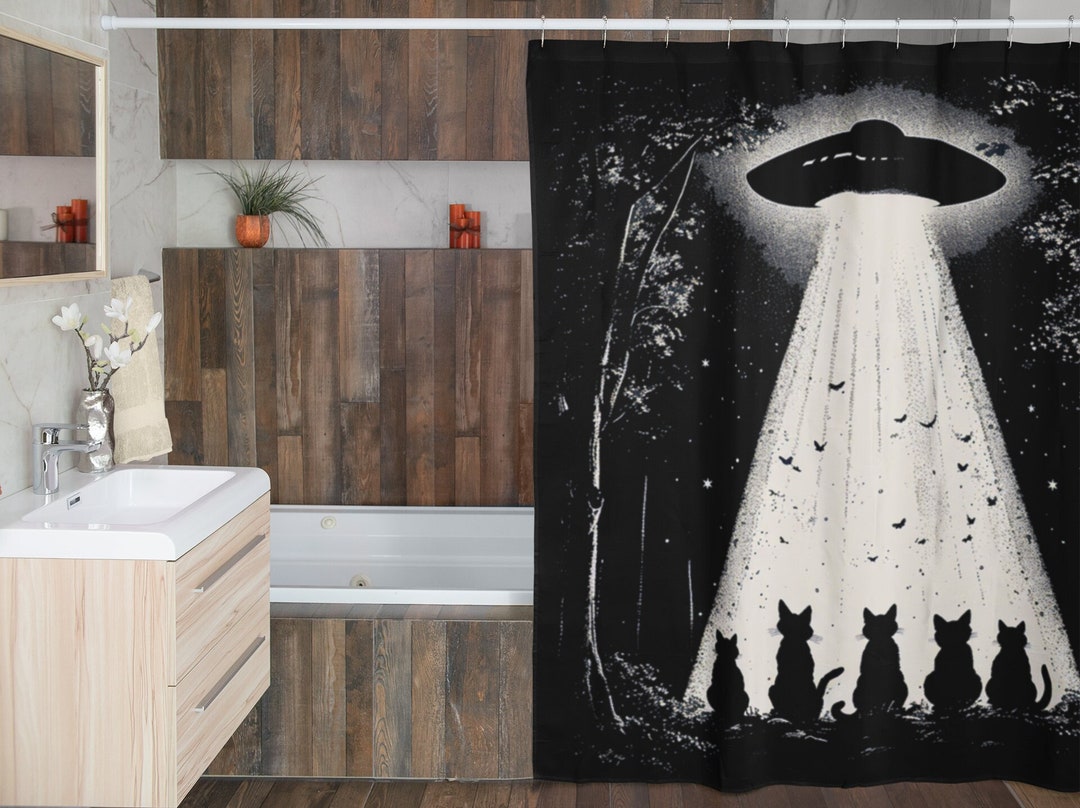 Vintage UFO Sci Fi Space Ships Cats Shower Curtain, Close Encounter ...