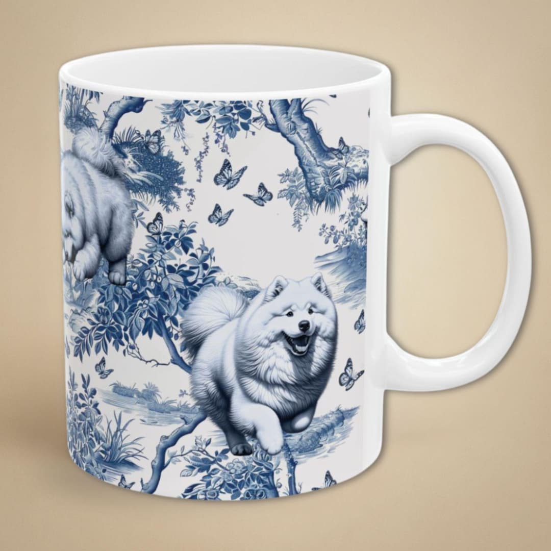 Samoyed Mug Elegant Blue White Toile Ceramic Sammie Mom Coffee Cup ...