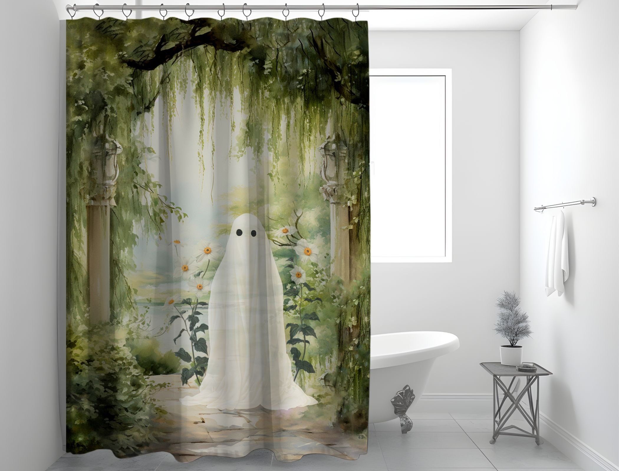 Whimsigoth Retro Sheet Ghost Shower Curtain, Gothic Botanical ...