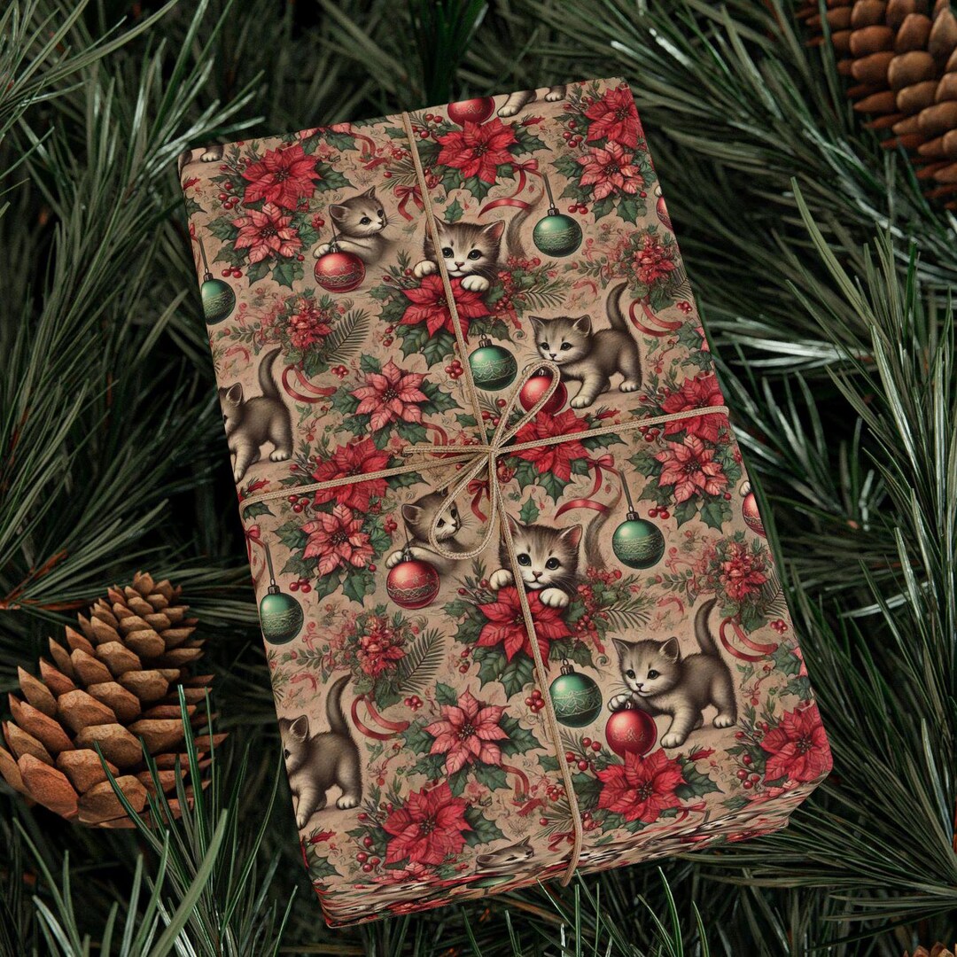 Vintage Christmas Cat Wrapping Paper Holiday Gift Wrap Red Green ...