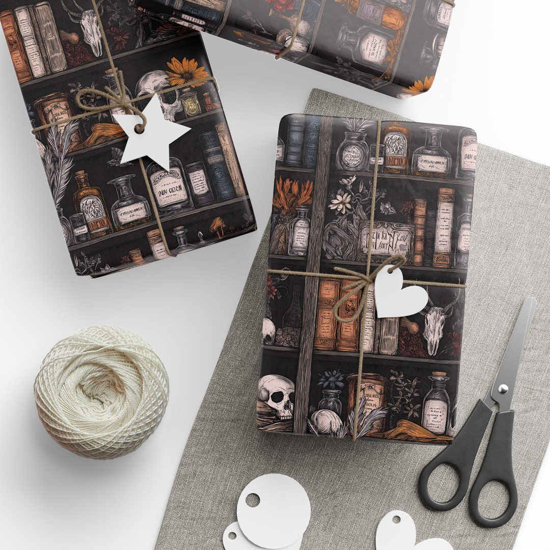 Witch Bookshelf Wrapping Paper Gothic Bookish Gift Wrap Retro Halloween ...