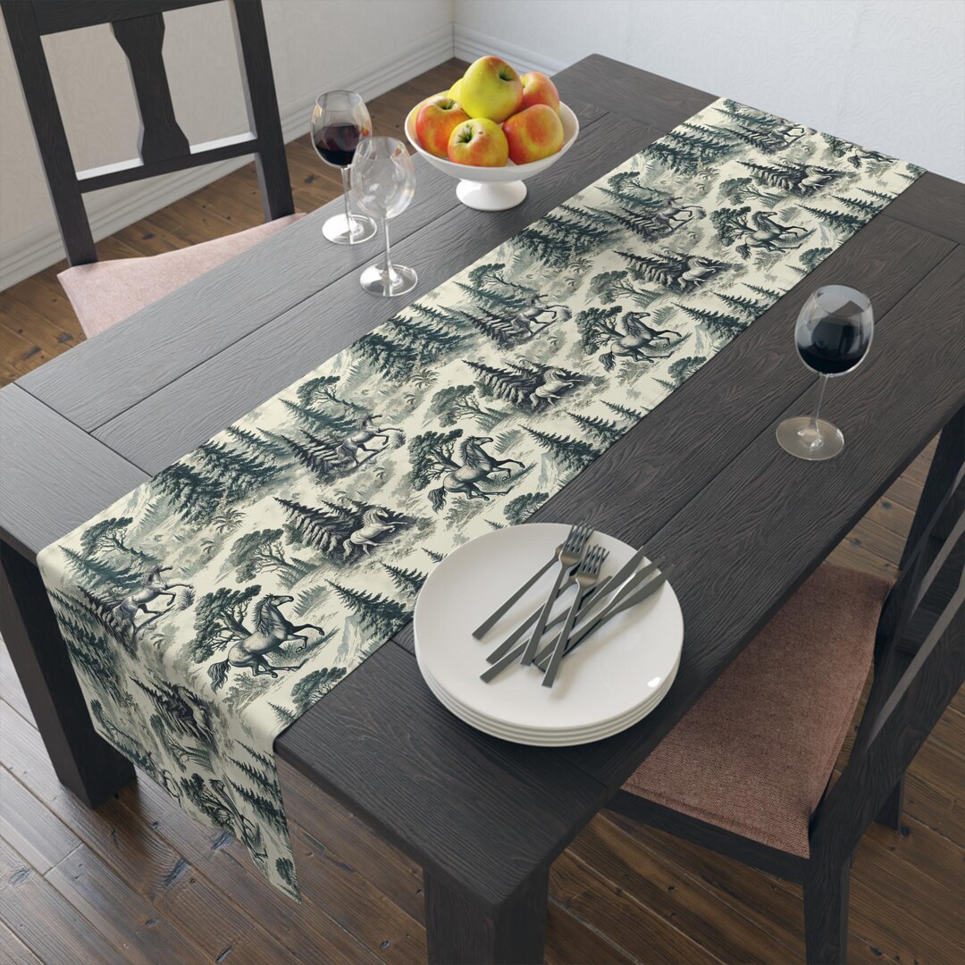 Green Toile Equestrian Western Table Runner Vintage Country Home Decor ...
