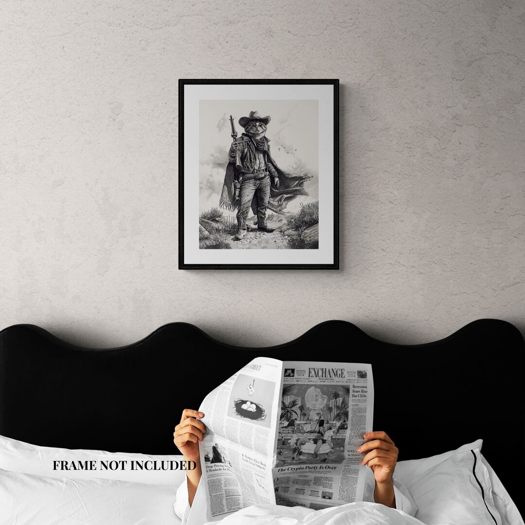 Vintage Western Black Ink Cowboy Cat Print, Art Print Vintage Western ...