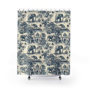 Chic Blue Toile Elephant Shower Curtain for French Country Decor Animal ...