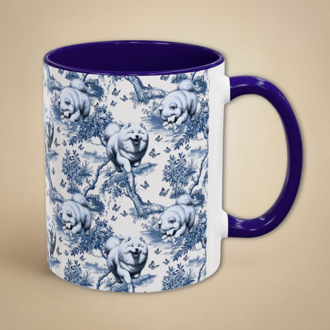Toile Samoyed Mug Elegant Blue White Ceramic Sammie Mom Coffee Cup ...