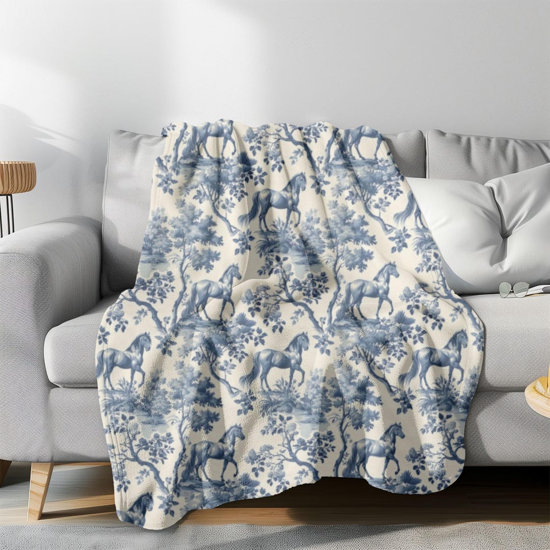 Blue Horse Toile De Jouy Cozy Equestrian Fleece Throw Blanket for ...